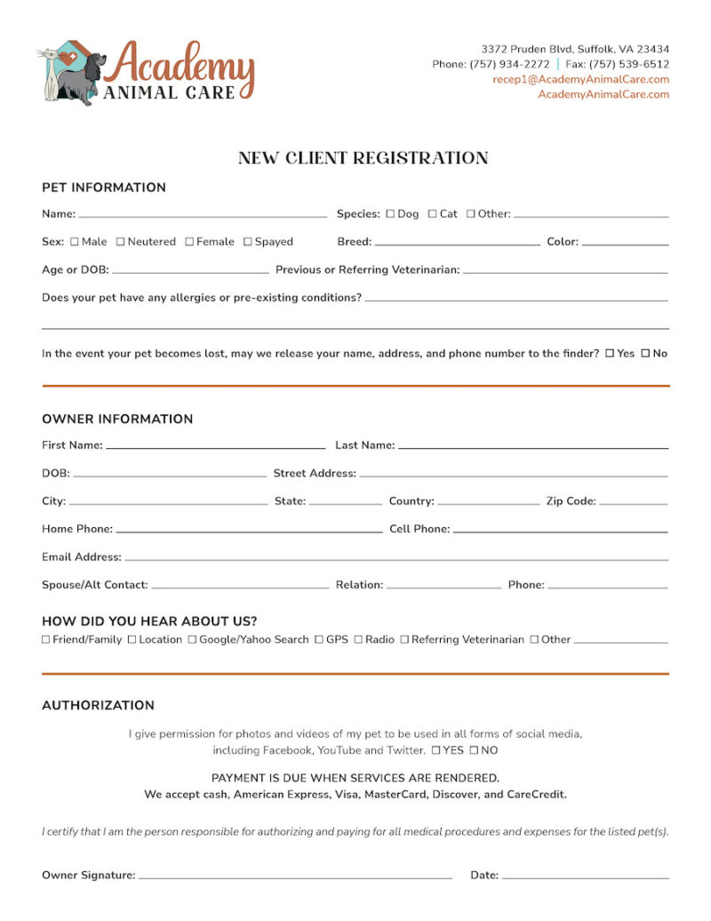 New Client Registration Form - Academy Animal Care
